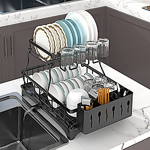 B BEAUTYBABY 2 Tier Dish Drying Rack with Drainboard Dish Racks for Kitchen Counter Dish Drainers Set with Utensils Holder Auto-Drainage Large Capacity Stainless Steel Dish Rack Detachable