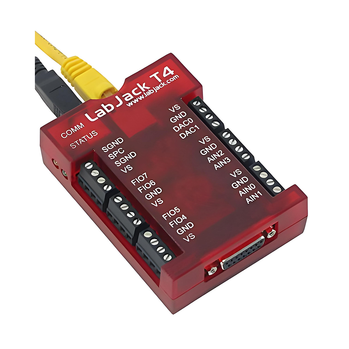 T4-USB Data Logger or Ethernet Multifunction DAQ Device with up to 12 Analog inputs or 16 Digital I/O, 2 Analog outputs (10-bit), and Multiple Digital counters/timers.