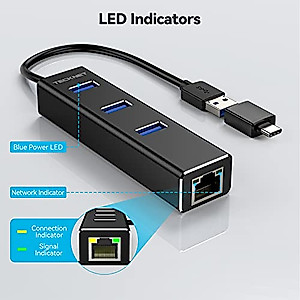 TECKNET USB to Ethernet Adapter, USB C to Ethernet, Aluminum 3 Port USB 3.0 Hub with RJ45 10/100/1000 Gigabit Ethernet Adapter Converter LAN Wired, USB Network Adapter with USB C Adapter for Laptop
