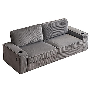 AMERLIFE Couch, 89 inch Sofa Couch- Deep Seat Sofa with 2 USB Charging Ports & 2 Cup Holders, 3 Seater Couch with Grey Corduroy, Modern Sofas for Living Room