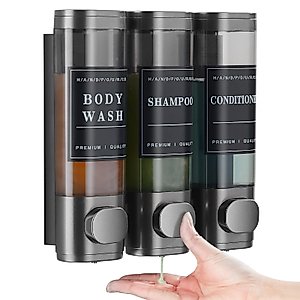 Shampoo and Conditioner Dispenser,Unisense Shower Soap Dispenser 3 Chamber No Drill Wall-Mounted Shampoo Dispenser for Shower Wall Mounted Shower Dispenser for Bathroom Hotel Large Capacity,Dark Gray