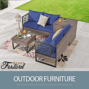 Festival Depot Patio Conversation Set, PE Wicker Four-Seater Corner Conjoined Storage Box Sofa Set, All-Weather Outdoor Furniture with Cushions Rattan Coffee Table for Backyard Garden Indoor (Blue)