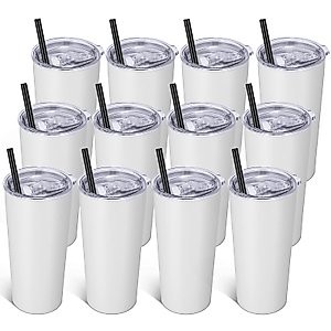 VEGOND 20oz Tumbler Bulk with Lid and Straw 12 Pack, Stainless Steel Vacuum Insulated Tumbler, Double Wall Coffee Cup Travel Mug, White