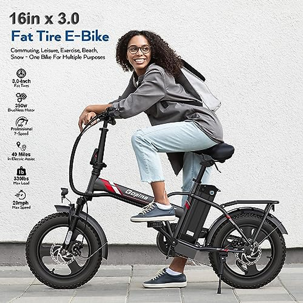 Vivi Gopina Electric Bike, 16" x 3.0 Fat Tire Electric Bike, Peak 500W Step Thru Electric Bicycle, 48V Removable Battery, Up to 40 Miles, LCD Display, 20mph, 7 Speed, UL 2849 Certified