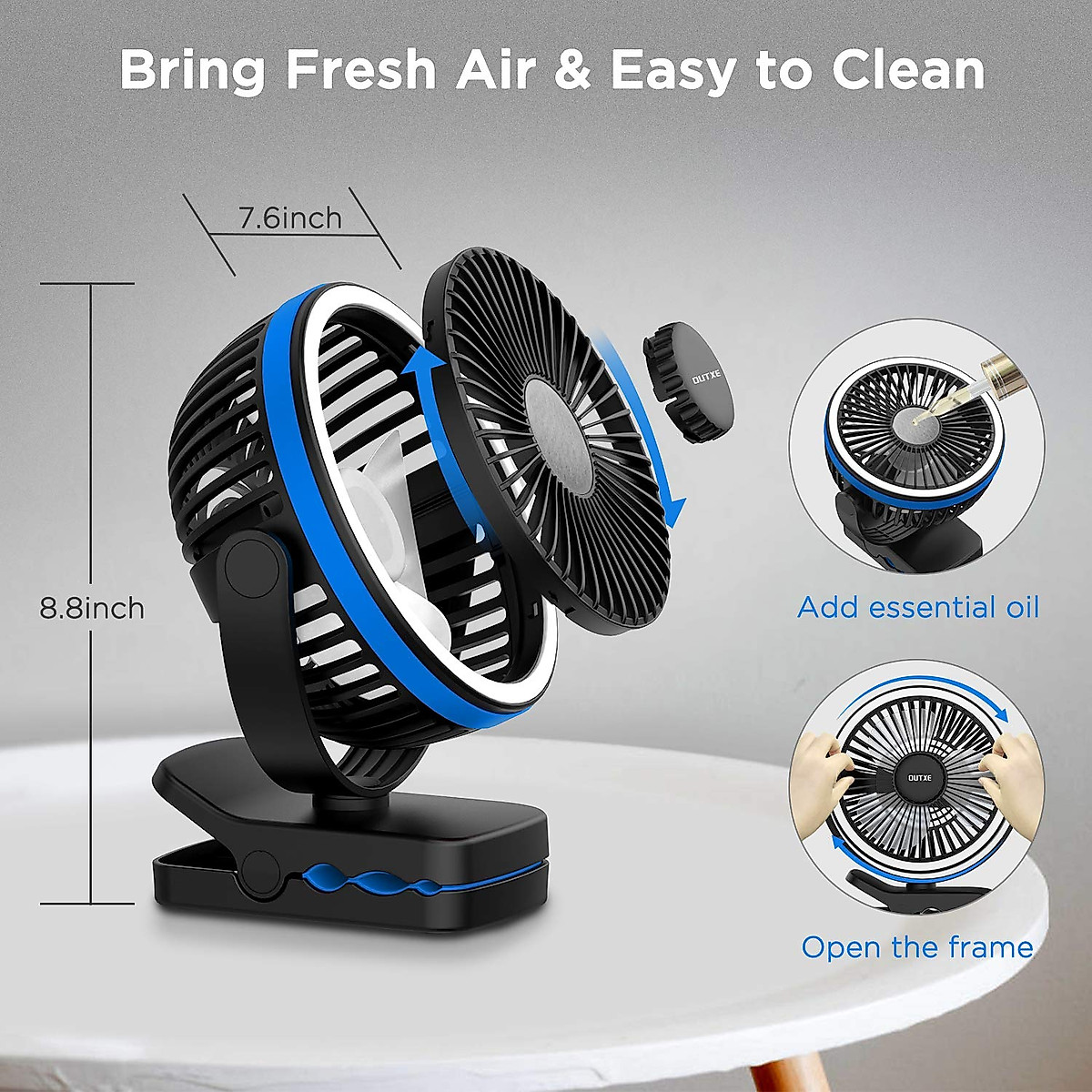 OUTXE 6700mAh Rechargeable Clip on Fan with Light, Battery Operated Clip Fan with Hanging Hook, 4 Speeds Portable Desk fan for Treadmill, Golf Cart, Bed, Car Seat, Baby Stroller - Blue