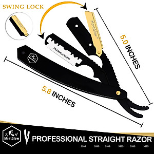 Professional Matte Black Barber Straight Razor with 10 Premium Quality Straight Edge Razor Shark Blades, For Smooth Shave and Lining Up Your Beard (Black)