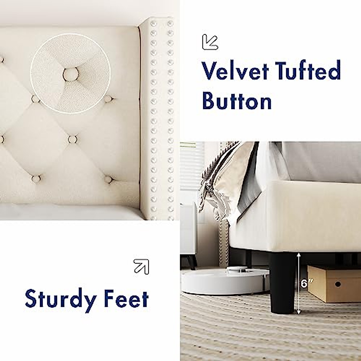 Lonkwa Full Size Bed Frame with Upholstered Wingback Headboard, Beige Platform Bed Frames with Tufted Diamond Button Headboard, Sturdy Wooden Slats, Noise-Free, Easy Assembly