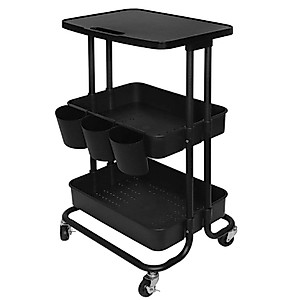 3 Tier Rolling Cart Table Top, Rolling Metal Organization Cart with 3 Cups & 3 Hooks, Multifunctional Storage Shelves with Wheels for Kitchen Living Room Office,Black