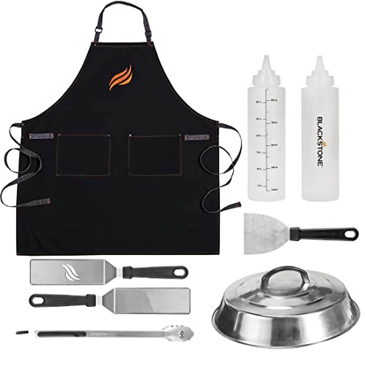 Blackstone Griddle Accessories Set- Heat Resistant Plastic Handles 8 Pcs Stainless Steel Outdoor Indoor Grilling Utensils Hibachi Tools Kit -Apron, 2 Spatula, 1 Scraper, 1 Tong, 1 Dome, 2 Bottles 32oz