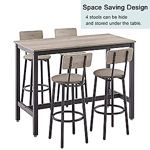 GNIXUU Bar Table and Chairs Set for 4, 5 Pieces Industrial Counter Height Pub Table and 4 PU Soft Stools with Backrest, High Kitchen Breakfast Table Set for Restaurant, Dining Room(Grey)