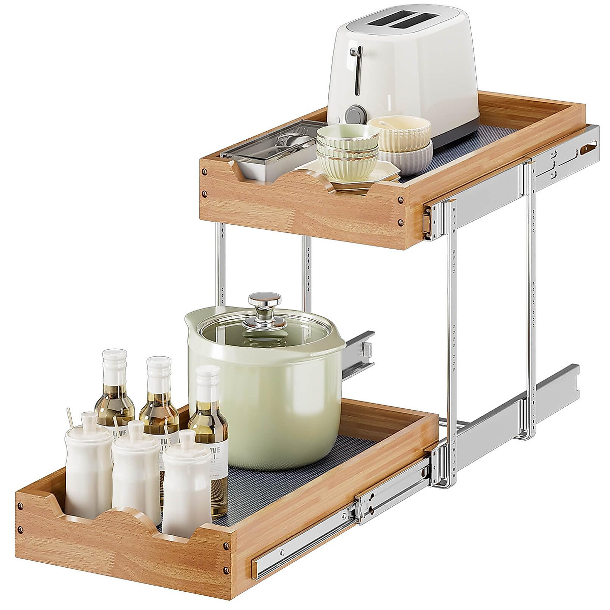 OCG Pull Out Drawers For Cabinets 14" W x 21" D, 2 Tier Heavy-Duty Slide out Wood Drawer Shelf, Pull Out Drawer for Cabinets, Base Cabinet Organization ​for Kitchen, Pantry, Bathroom