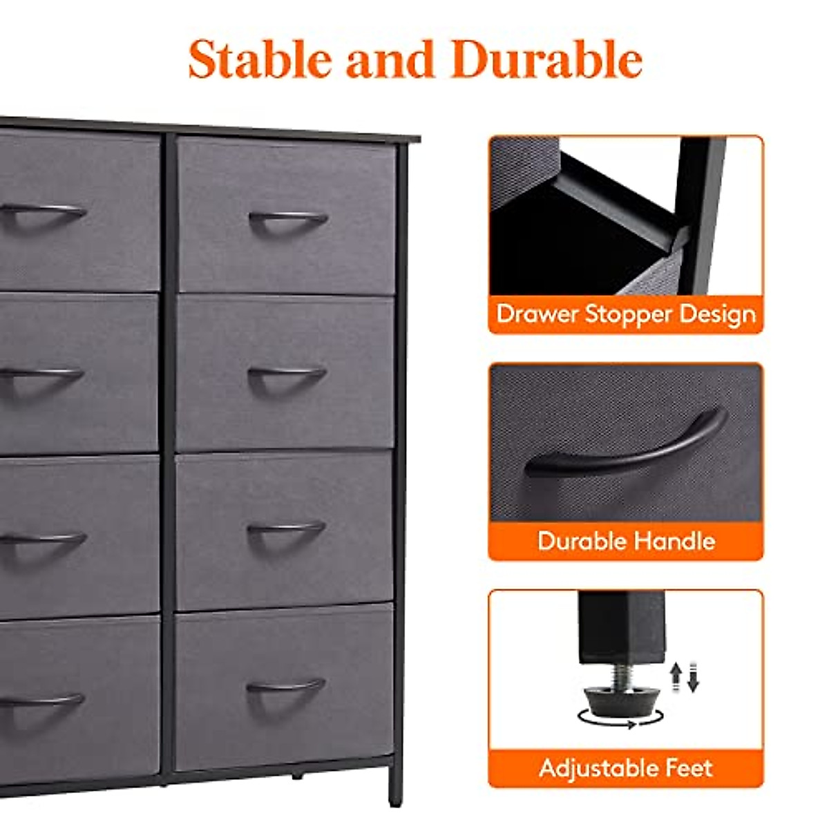 Lifewit Dresser for Bedroom, Chest of Drawers with 8 Fabric Dressers, Storage Tower Bins Units for Closet, Living Room, Hallway, Dormitory, Office Organization, Steel Frame&Wood Top, Dark Grey