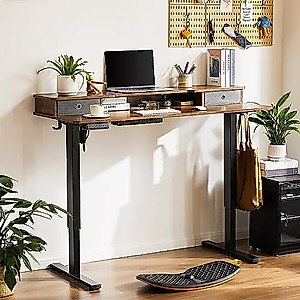 DUMOS Adjustable Height Electric Sti to Standing Desk with Drawer,63 x 24 in Ergonomic Computer Table with Splicing Board, Wire Hole and Hook for Workstation for Home, Office, Rustic Brown & Shelf