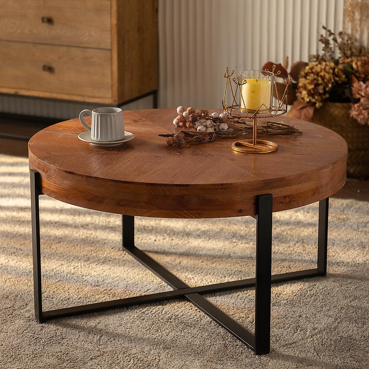 SSLine Antique Round Wood Coffee Table Farmhouse Cocktail Center Table for Living Room Thicken Fir Wood Table Top with Cross Metal Base(Natural&Black - 33.86" D x 17.71" H)
