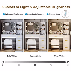 AOGLLATI Makeup Vanity Set with Lights & Charging Station, Vanity Desk with Mirror and Lights, White Makeup Desk with Cushioned Stool, Visible Drawers, Jewelry Organizers, Open Storage Shelves