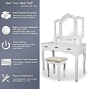 ENSTVER Vanity Beauty Station,Tri-Folding Mirrors,6 Organization 7 Drawers Makeup Dress Table with Cushioned Stool-White