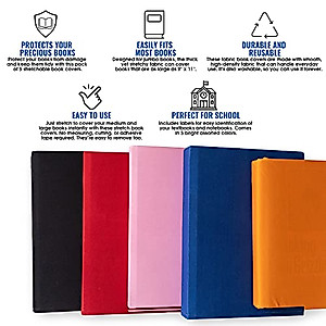 M.I.N Stretchable Book Covers, Jumbo, Set of 5, Solid Colors Fabric Bookcovers, Fits Extra Large Hardcover Textbooks up to 9 x 11, Stretch Book Covers, Durable, Washable & Reusable