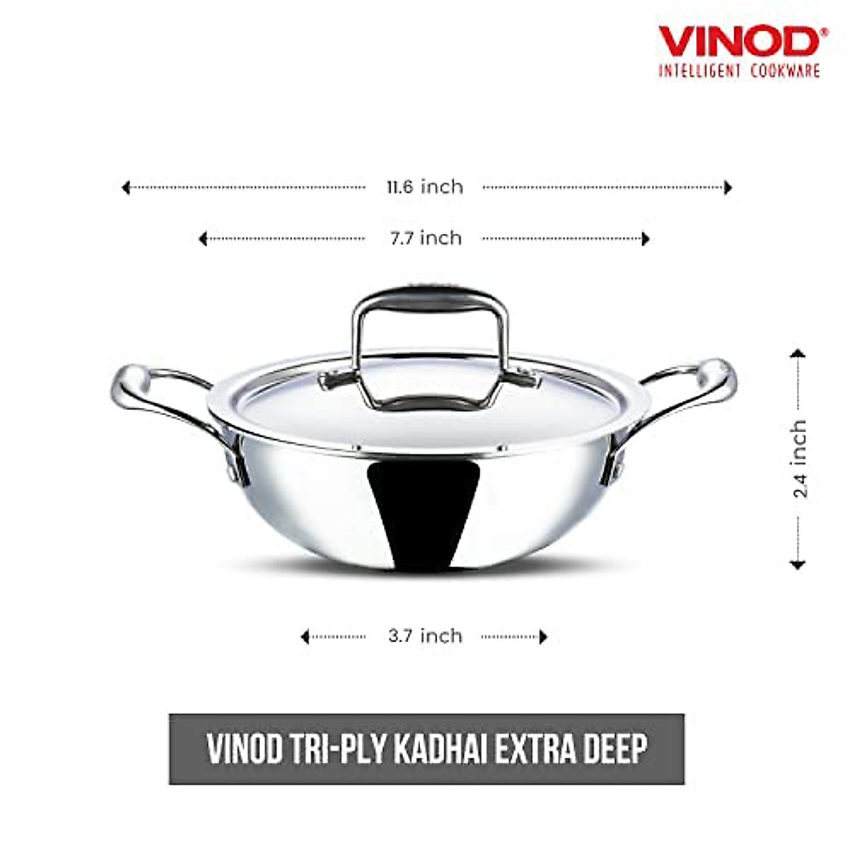 Vinod Platinum Kadai Triply Stainless Steel | Suitable For Indian Cooking, Sauces, Stews, Soups | Deep/Extra Deep Kadai With Lid | Induction, Electric Friendly (Extra Deep Kadai, 18cm)
