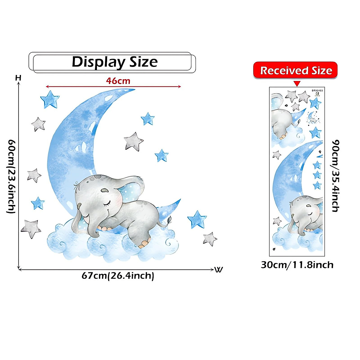 Cute Blue Sleeping Baby Elephant Wall Stickers, sacinora Moon and Stars DIY Art Wall Decals Removable Vinyl Peel and Stick for Kids Baby Boys Nursery Bedroom Toddler Room Decorations