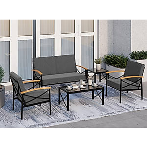 Shintenchi 5 Piece Outdoor Patio Furniture Set, Metal Sofa Conversation Set, Including Loveseat, Two Single Chairs and Two Coffee Tables for Backyard, Patio, Balcony, Poolside (Dark Grey)