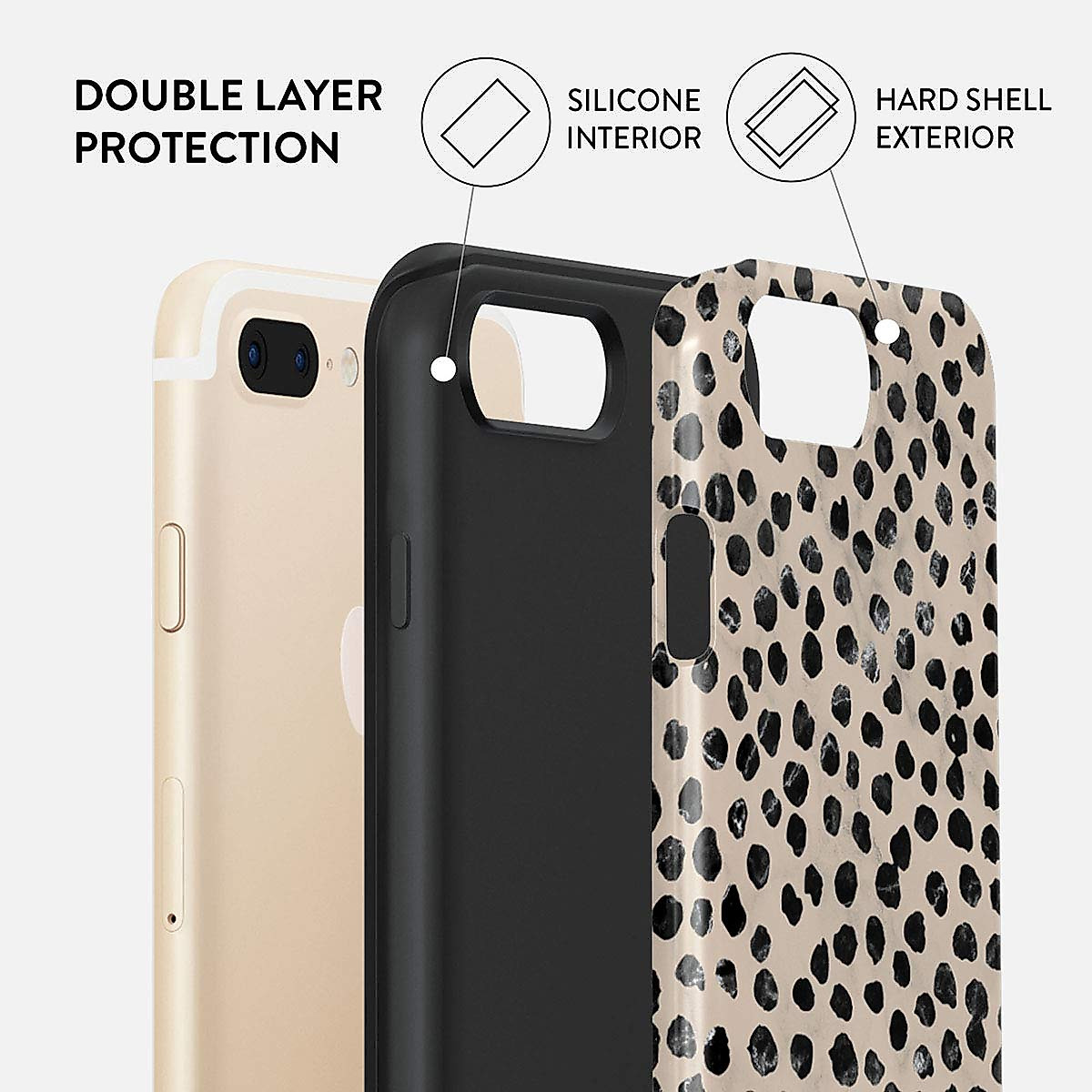 BURGA Phone Case Compatible with iPhone 7 Plus / 8 Plus - Hybrid 2-Layer Hard Shell + Silicone Protective Case -Black Polka Dots Pattern Nude Almond Latte - Scratch-Resistant Shockproof Cover