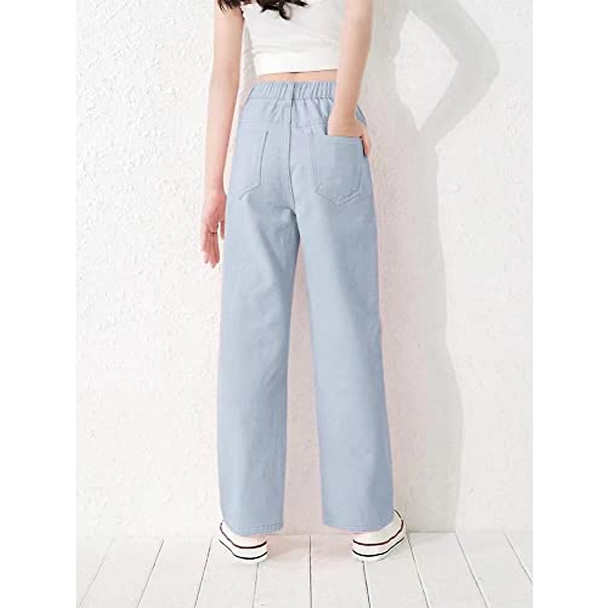 thefabland Girls Casual Denim Pants High Waisted Wide Leg Jeans with Pocket Light Blue
