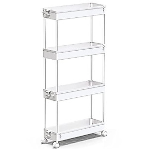 SPACEKEEPER Slim Rolling Storage Cart 4 Tier Bathroom Organizer Mobile Shelving Unit Utility Cart Tower Rack for Kitchen Laundry Narrow Places, White