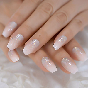 Coolnail Holo Glitter Pink Nude French Ballerina Coffin False Nails Gradient Natural Press on Fake Nails Tips Daily Office Finger Wear