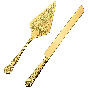 GURUDAR Vintage Wedding Cake Knife and Server Set, Stainless Steel Cake Pie Pastry Cutting Knife & Serving Spatula Set, Premium Party Supplies for Wedding, Birthday, Anniversary & Events, Gold