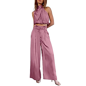 PRETTYGARDEN Women's 2 Piece Outfits 2025 Summer Casual Sleeveless Mock Neck Crop Tops Wide Leg Pants Set (Pink,X-Large)