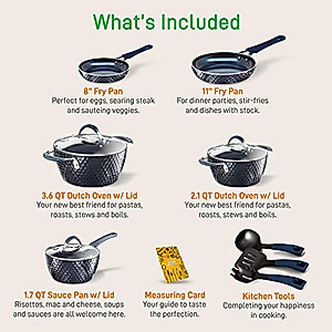 Nutrichef 11 Piece Nonstick Ceramic Cookware Excilon Home Kitchen Ware Pots & Pan Set with Saucepan Frying Pans, Cooking Pots, Lids, Utensil PTFE/PFOA/PFOS Free, Blue Diamond Pcs