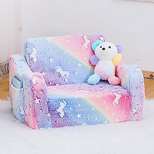 Toddler Baby Chair Couch Sofa for Kids Foldable 2-in-1 Fold Out Couch Bed Toddler Chairs Comfy for Boys & Girls Convertible Kids Furniture lounge chairs for Playroom with Double Pockets, Glowing Pink