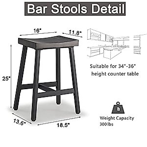 OUllUO Black Gray Bar Stools Set of 2, Backless Saddle Barstools, 25" Counter Height Bar Stools, Gray Solid Wood Counter Stools with Metal Frame for Kitchen Island, 521P-BGWD