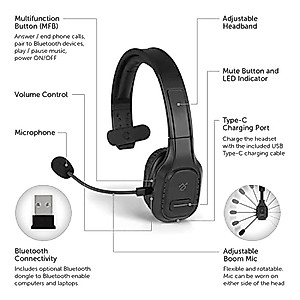Aluratek Wireless Bluetooth 5.0 Headset with Noise Cancelling Boom Mic, for Car, Truck Driver, Business, School, Home Office, Cell Phones, PC & MAC, 34Hrs Talk Time (ABHM100F), Black