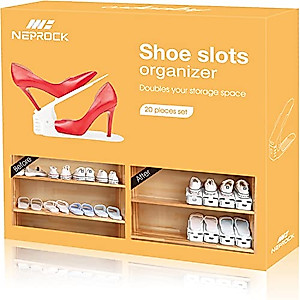 Neprock 20-Pack White Shoe Slots Organizer Bundle with Clothing Rack with Shelves