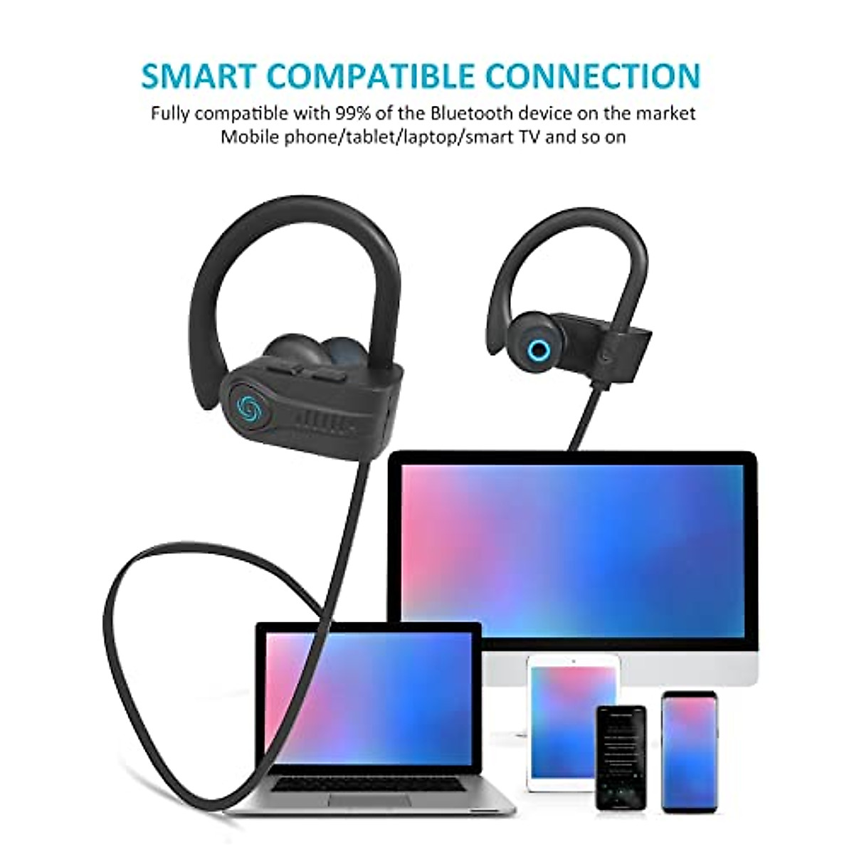 Lace velocity Audio Bluetooth Headphones, Wireless Sports Earbuds w/Mic Ipx7 Waterproof HD Stereo Heavy Bass Noise Cancelling 8 Hour Battery Headsets, Black