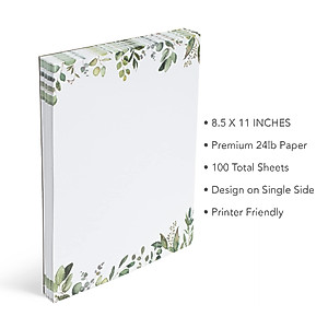 Leaf Border Stationery Writing Paper 100 Sheets, Greenery Letterhead Paper 8.5 x 11 Inches, Elegant Writing Paper, Pretty Stationary Paper, Decorative Printer Paper