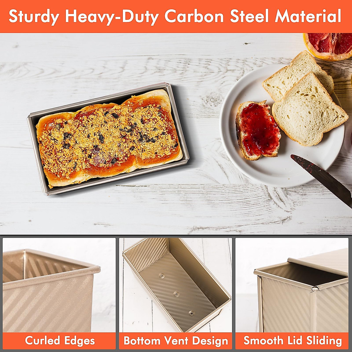 Beasea Pullman Loaf Pan With Lid, Non-Stick Bakeware for Baking Bread, Carbon Steel Corrugated Bread Toast Box Mold With Cover Baking Tools Bread Mold Toast Baking Cake Mold for Oven Baking -Gold