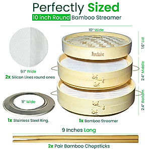 Bamboo Steamer Basket 2 Tier Wooden Basket With Handle Complete Kit for Dumpling Steamer Basket, Reusable Silicone Liner, Veggie Bamboo Basket 10 Inch Steamer for Cooking Bao Buns, Dim Sum - Steaming Basket