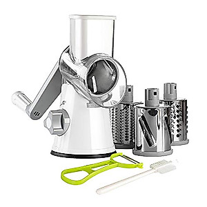 Ourokhome Rotary Cheese Grater Shredder - 3 Drum Blades Manual Speed Round Food Slicer Nut Grinder with Strong Suction Base for Cheese, Vegetable, Walnut, Chocolate, Potato, Carrot, White Gray