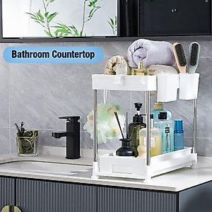 YAOSEN Under Cabinet Sink Organizers 2 Tier, Sliding Cabinet Basket Adjustable Height Sliding, Under Bathroom Storage Rack Multi-Purpose for Bathroom Kitchen with 8 Hooks and 4 Hanging Cups. (2 Pack)