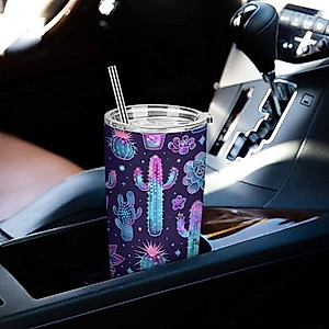 KIOWEIR Neon Cactus And Flowers Stainless Steel Tumbler 20oz With Lid And Straw, Insulated Tumblers Coffee Cup, Travel Mug for Ice Drink & Hot Beverage for Women Men Boys Girls