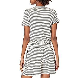 Amazon Essentials Women's Supersoft Terry Short-Sleeve V-Neck Romper (Previously Daily Ritual), Black White Thin Stripe, Large