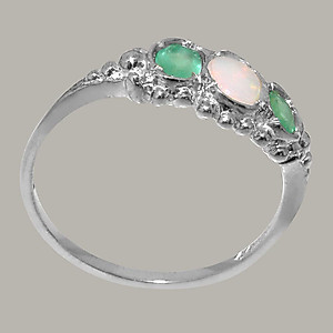Stunning 925 Sterling Silver Natural Opal & Emerald Womens Engagement Ring - Size 8.5