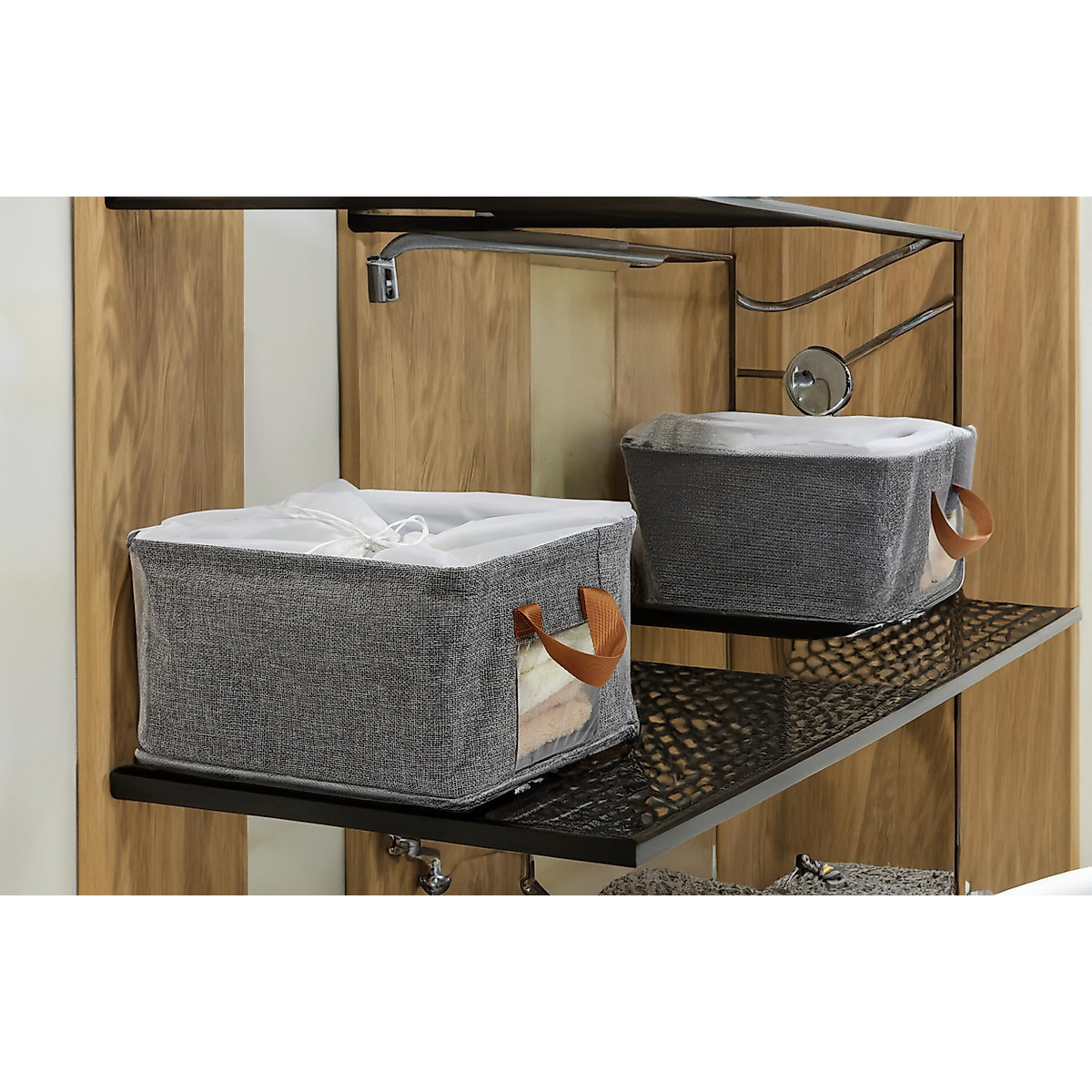 3pc 10 Liters Linen Storage Baskets with Dust-proof Opening & Handles & Visible Window, Foldable Small Fabric Bins Decorative Basket Organizer Boxes for Organizing Dresser Shelves