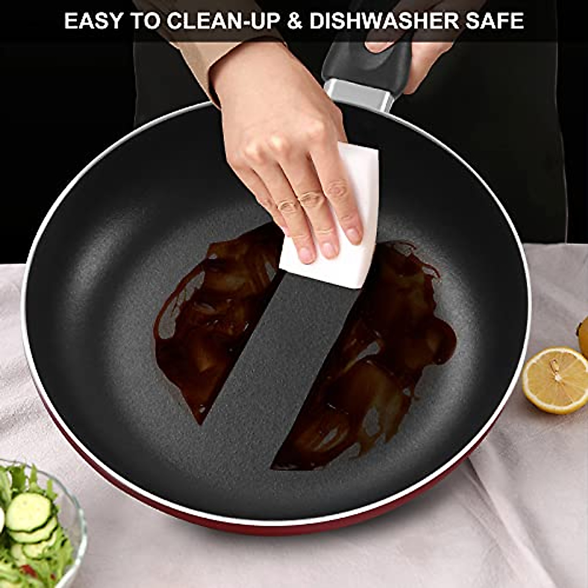 HUGOOD Nonstick Frying Pan Set - 3 Piece, PEEK Coating Non-stick Frying Pan Cookware, Skillet Set for Induction Cooktop, Gas, Electric,8 Inch, 9.5 Inch and 11 Inch, Dishwasher-Safe, Red & Black