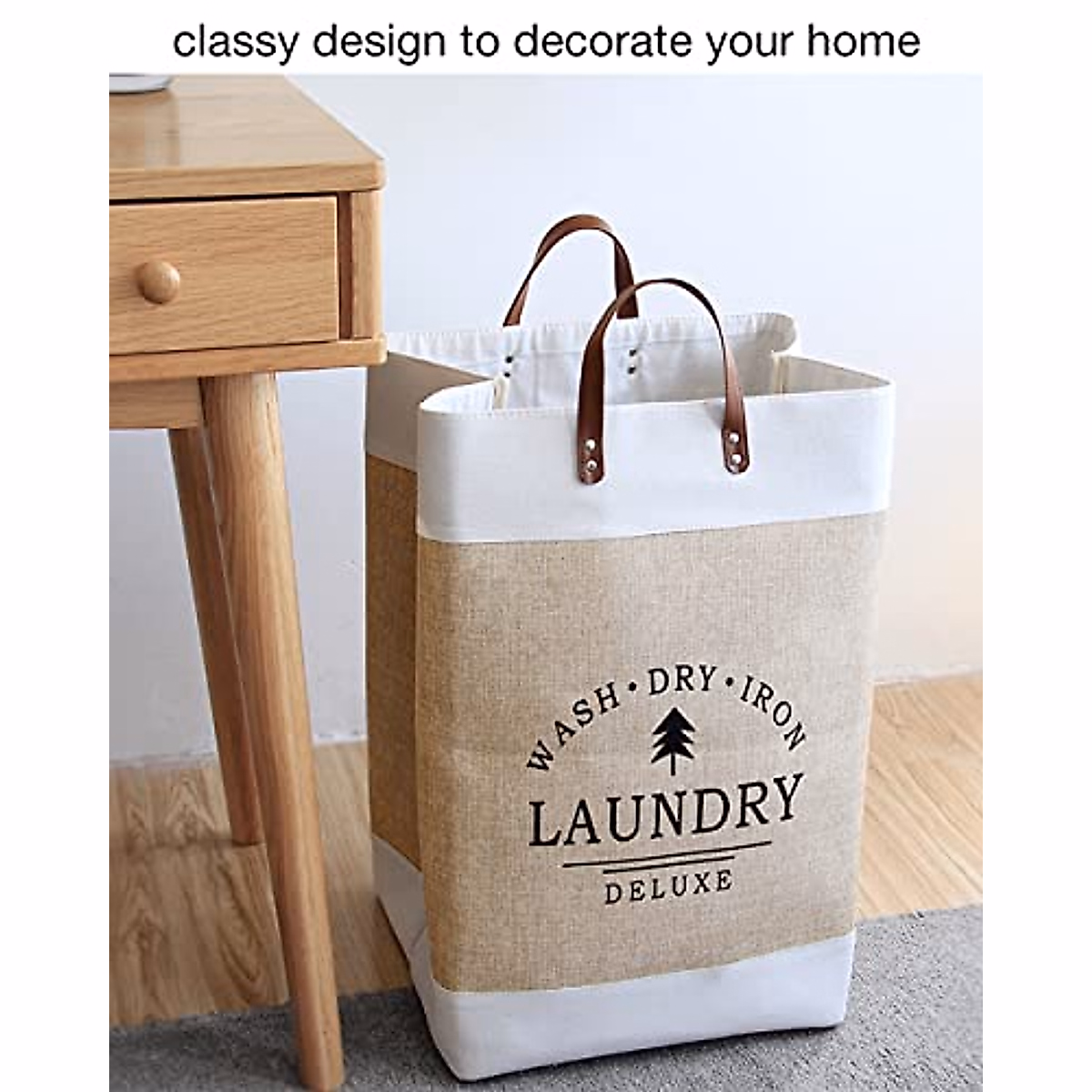 AMZTOP Linen Clothes Hamper Patchwork Collapsible Laundry Basket with Leather Handles for Storage Toys and Clothing in Bedroom, Bathroom Foldable Laundry Hamper 68L