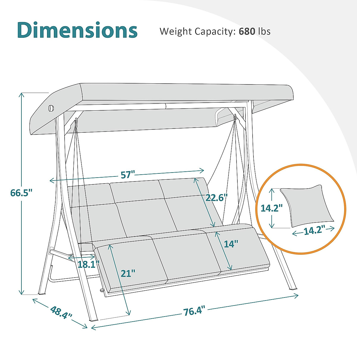 MCombo 3-Seat Reclining Patio Swing Chair with Chain Armrests, Outdoor Porch Swing Chair with Cushions and Pillows for Backyard, Poolside, Deck 4354 (Dark Grey)
