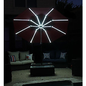 Sun-Ray 811028 9' Round Next Gen 8-Rib Solar Patio Umbrella 32 LED Within Unique Strip Lighting, Crank and Tilt, 9 ft, Scarlet/Red