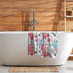 Pink Blue Floral Hand Towels Hummingbird Wild Floral Kitchen Dish Towel Set of 2 Spring Summer Decor Towel Set for Bathroom, Hotel, Gym and Spa